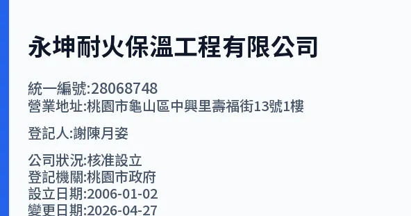 永坤耐火保溫工程有限公司的照片-統編 28068748(桃園市) 公司登記資料與營業項目詳細圖表
