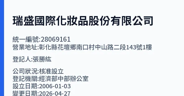 瑞盛國際化妝品股份有限公司的照片-統編 28069161(彰化縣) 公司登記資料與營業項目詳細圖表