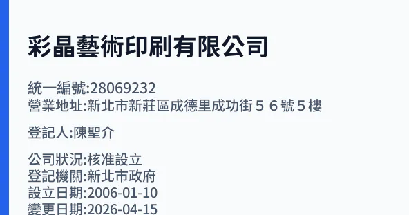彩晶藝術印刷有限公司的照片-統編 28069232(新北市) 公司登記資料與營業項目詳細圖表