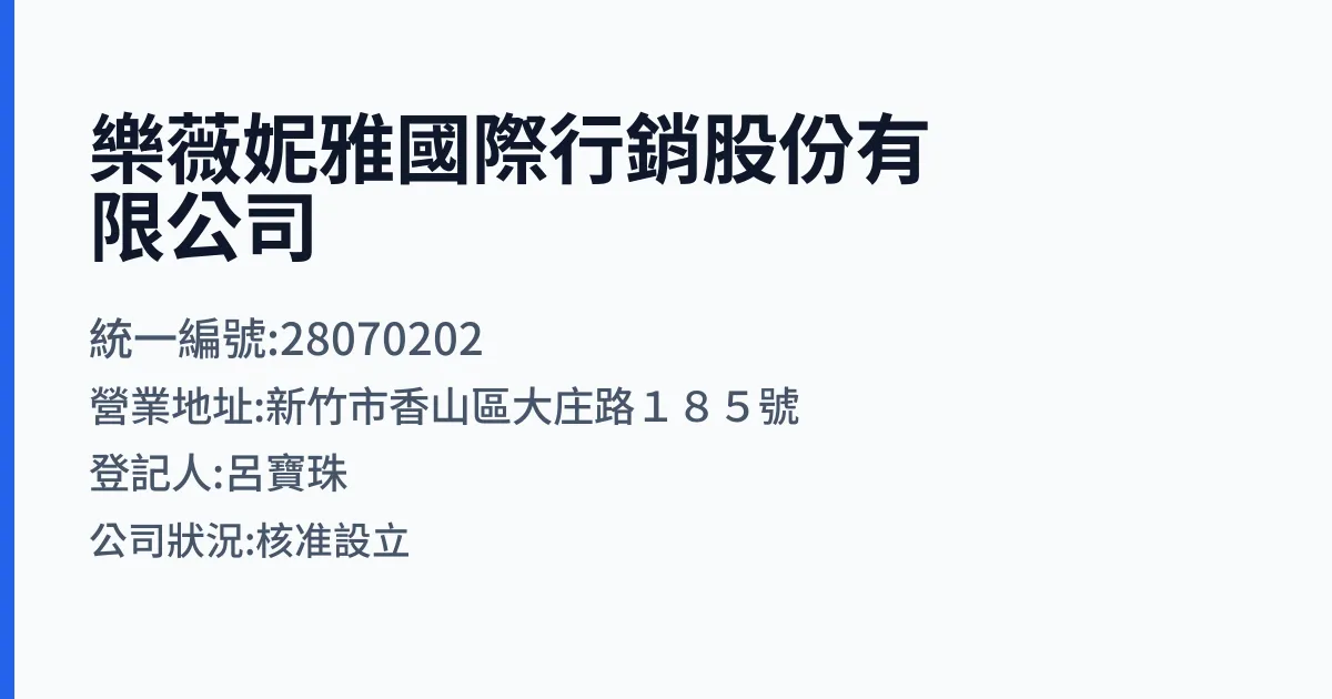 樂薇妮雅國際行銷股份有限公司 - 統編 28070202（新竹市） 公司登記資料與營業項目詳細圖表