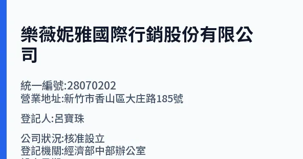 樂薇妮雅國際行銷股份有限公司的照片-統編 28070202(新竹市) 公司登記資料與營業項目詳細圖表