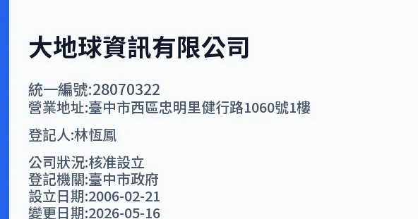 大地球資訊有限公司的照片-統編 28070322(臺中市) 公司登記資料與營業項目詳細圖表