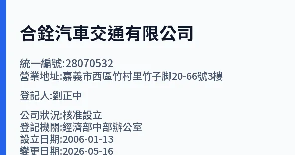 合銓汽車交通有限公司的照片-統編 28070532(嘉義市) 公司登記資料與營業項目詳細圖表