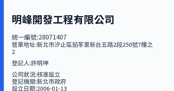 明峰開發工程有限公司的照片-統編 28071407(新北市) 公司登記資料與營業項目詳細圖表