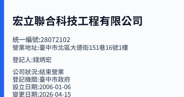 宏立聯合科技工程有限公司的照片-統編 28072102(臺中市) 公司登記資料與營業項目詳細圖表