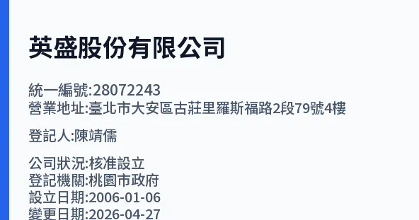 英盛股份有限公司的照片-統編 28072243(臺北市) 公司登記資料與營業項目詳細圖表