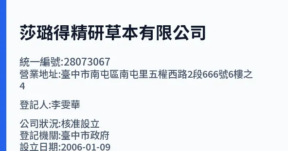 莎璐得精研草本有限公司的照片-統編 28073067(臺中市) 公司登記資料與營業項目詳細圖表