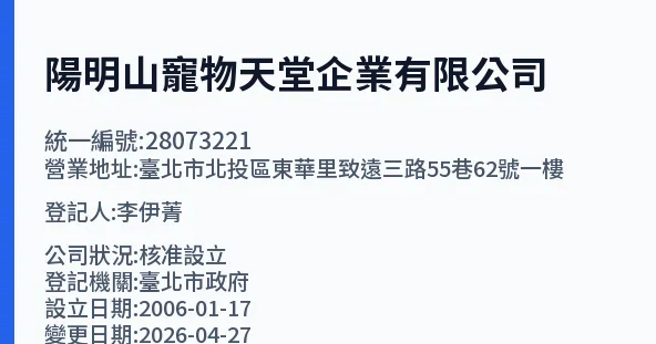 陽明山寵物天堂企業有限公司的照片-統編 28073221(臺北市) 公司登記資料與營業項目詳細圖表