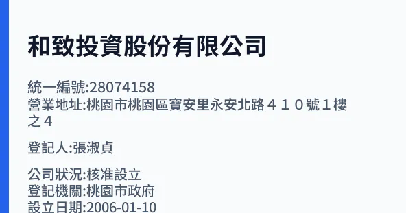 和致投資股份有限公司的照片-統編 28074158(桃園市) 公司登記資料與營業項目詳細圖表