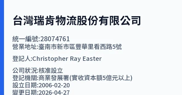 台灣瑞肯物流股份有限公司的照片-統編 28074761(臺南市) 公司登記資料與營業項目詳細圖表