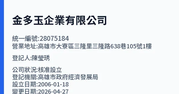 金多玉企業有限公司的照片-統編 28075184(高雄市) 公司登記資料與營業項目詳細圖表