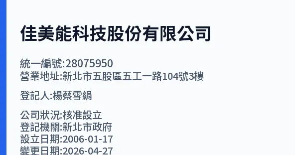 佳美能科技股份有限公司的照片-統編 28075950(新北市) 公司登記資料與營業項目詳細圖表