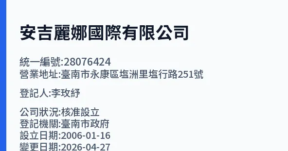 安吉麗娜國際有限公司的照片-統編 28076424(臺南市) 公司登記資料與營業項目詳細圖表