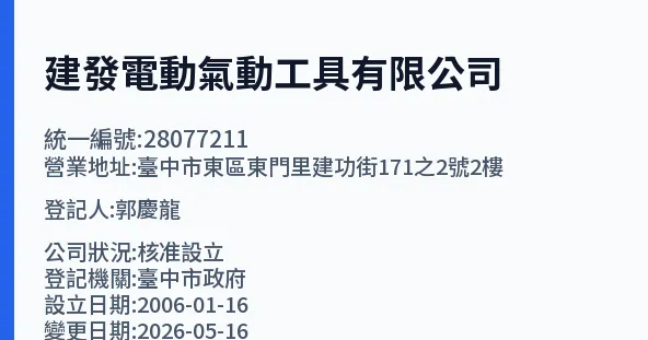 建發電動氣動工具有限公司的照片-統編 28077211(臺中市) 公司登記資料與營業項目詳細圖表