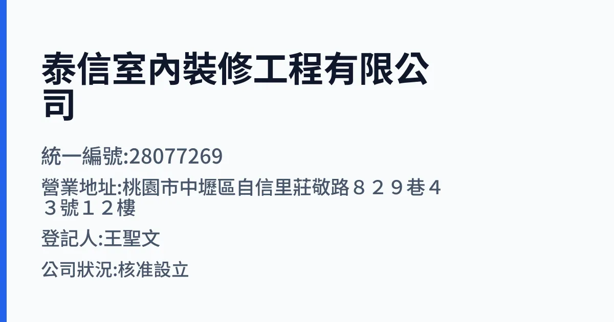 泰信室內裝修工程有限公司 - 統編 28077269(桃園市) 公司登記資料與營業項目詳細圖表