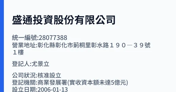 盛通投資股份有限公司的照片-統編 28077388(彰化縣) 公司登記資料與營業項目詳細圖表