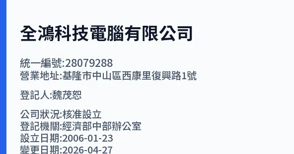 全鴻科技電腦有限公司的照片-統編 28079288(基隆市) 公司登記資料與營業項目詳細圖表
