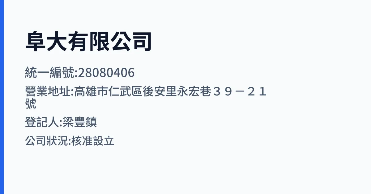 阜大有限公司 - 統編 28080406(高雄市) 公司登記資料與營業項目詳細圖表