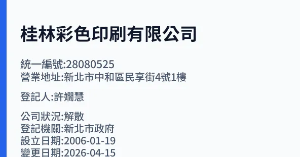 桂林彩色印刷有限公司的照片-統編 28080525(新北市) 公司登記資料與營業項目詳細圖表