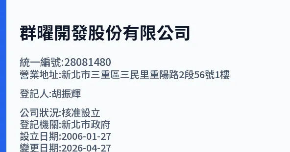 群曜開發股份有限公司的照片-統編 28081480(新北市) 公司登記資料與營業項目詳細圖表