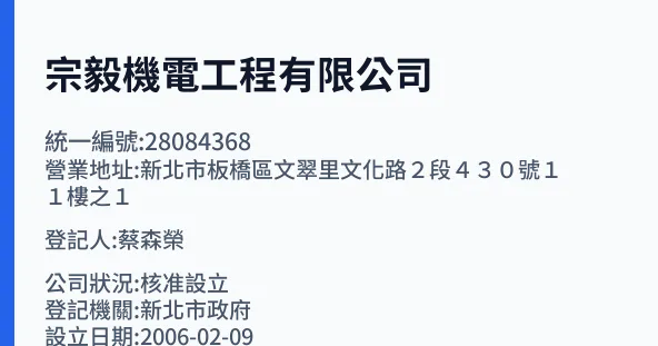 宗毅機電工程有限公司的照片-統編 28084368(新北市) 公司登記資料與營業項目詳細圖表
