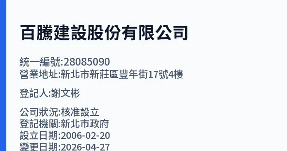 百騰建設股份有限公司的照片-統編 28085090(新北市) 公司登記資料與營業項目詳細圖表