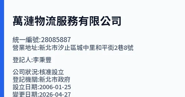 萬漣物流服務有限公司的照片-統編 28085887(新北市) 公司登記資料與營業項目詳細圖表