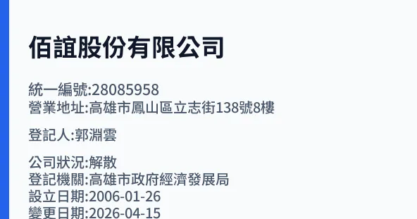 佰誼股份有限公司的照片-統編 28085958(高雄市) 公司登記資料與營業項目詳細圖表