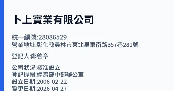 卜上實業有限公司的照片-統編 28086529(彰化縣) 公司登記資料與營業項目詳細圖表