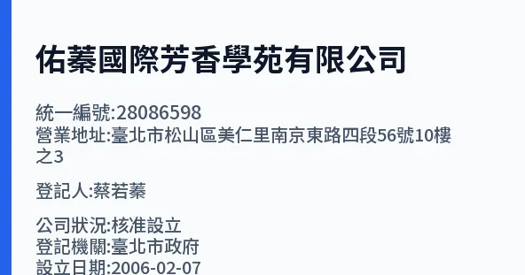 佑蓁國際芳香學苑有限公司的照片-統編 28086598(臺北市) 公司登記資料與營業項目詳細圖表