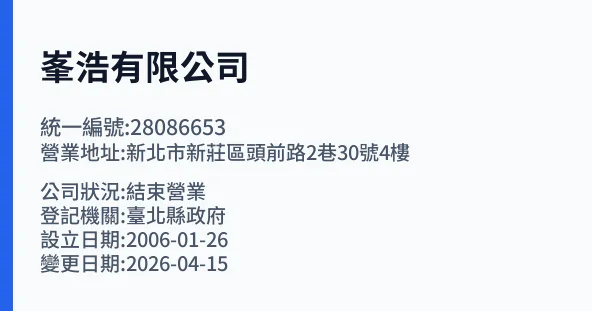 峯浩有限公司的照片-統編 28086653(新北市) 公司登記資料與營業項目詳細圖表