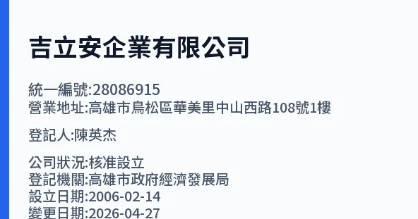 吉立安企業有限公司的照片-統編 28086915(高雄市) 公司登記資料與營業項目詳細圖表
