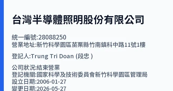 台灣半導體照明股份有限公司的照片-統編 28088250(苗栗縣) 公司登記資料與營業項目詳細圖表
