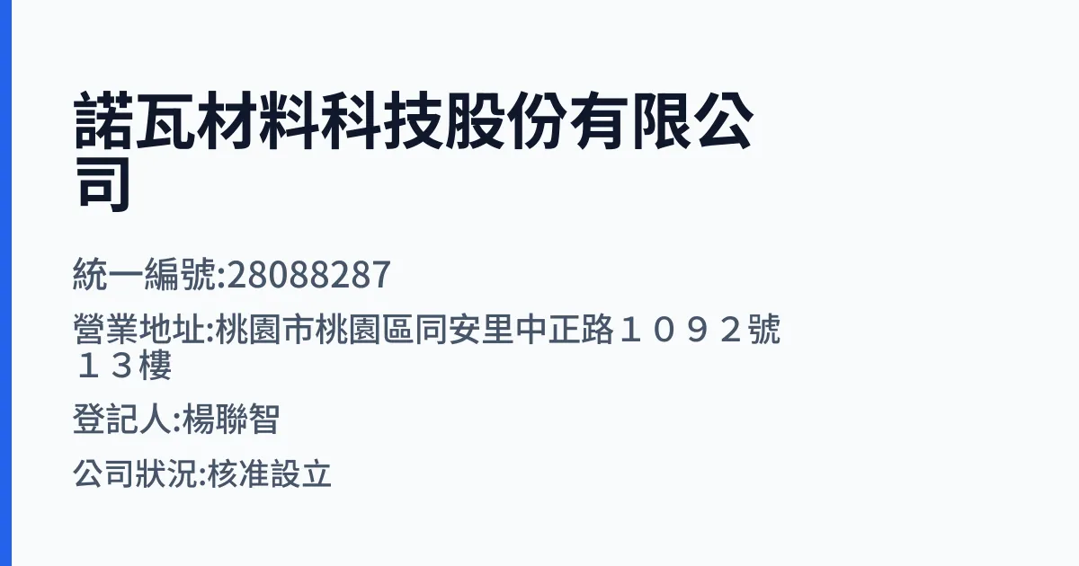 諾瓦材料科技股份有限公司 - 統編 28088287(桃園市) 公司登記資料與營業項目詳細圖表