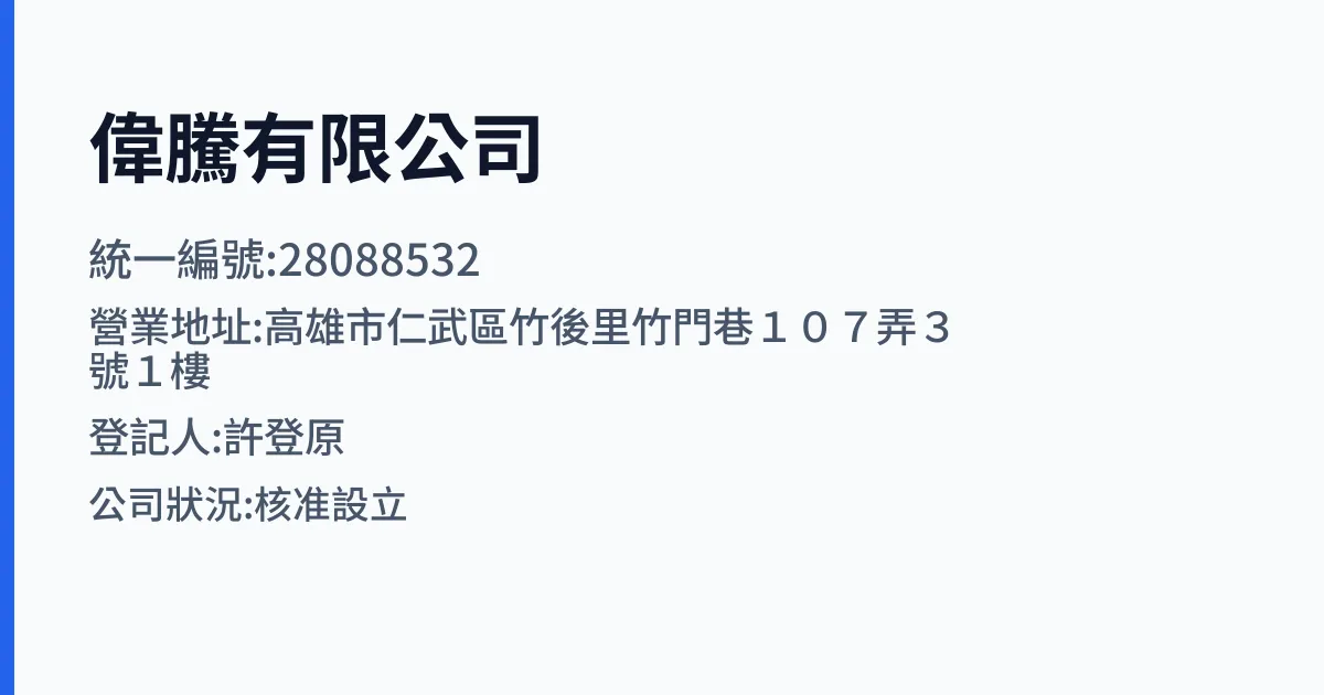 偉騰有限公司 - 統編 28088532(高雄市) 公司登記資料與營業項目詳細圖表