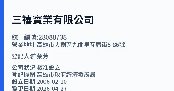 三禧實業有限公司的照片-統編 28088738(高雄市) 公司登記資料與營業項目詳細圖表