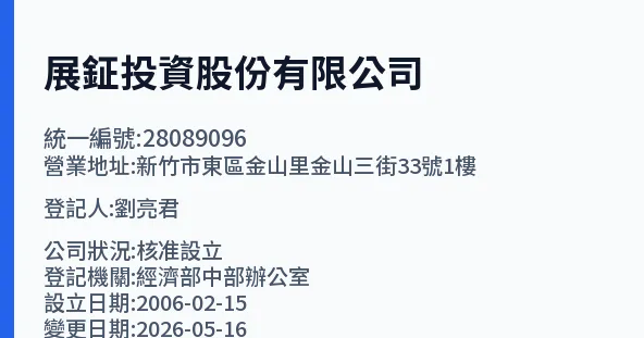 展鉦投資股份有限公司的照片-統編 28089096(新竹市) 公司登記資料與營業項目詳細圖表