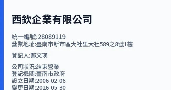 西欽企業有限公司的照片-統編 28089119(臺南市) 公司登記資料與營業項目詳細圖表