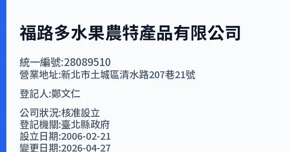 福路多水果農特產品有限公司的照片-統編 28089510(新北市) 公司登記資料與營業項目詳細圖表
