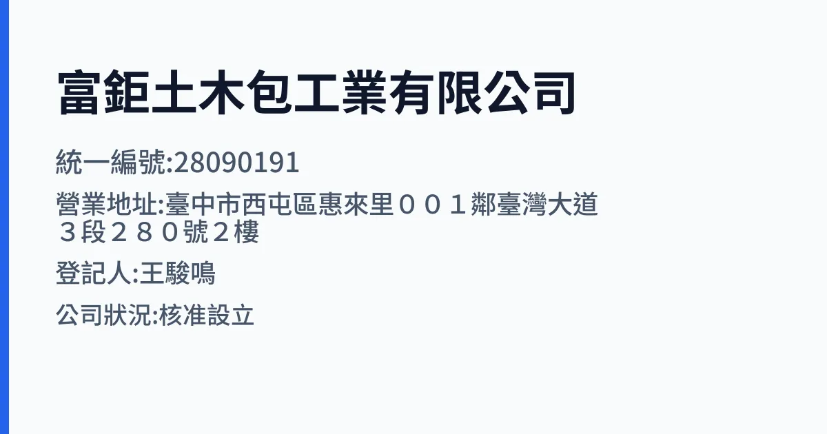 富鉅土木包工業有限公司 - 統編 28090191(臺中市) 公司登記資料與營業項目詳細圖表