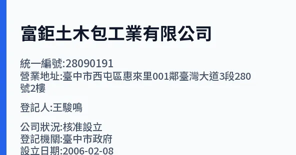 富鉅土木包工業有限公司的照片-統編 28090191(臺中市) 公司登記資料與營業項目詳細圖表