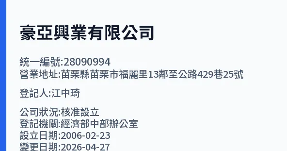 豪亞興業有限公司的照片-統編 28090994(苗栗縣) 公司登記資料與營業項目詳細圖表
