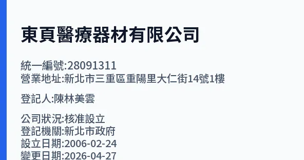 東頁醫療器材有限公司的照片-統編 28091311(新北市) 公司登記資料與營業項目詳細圖表