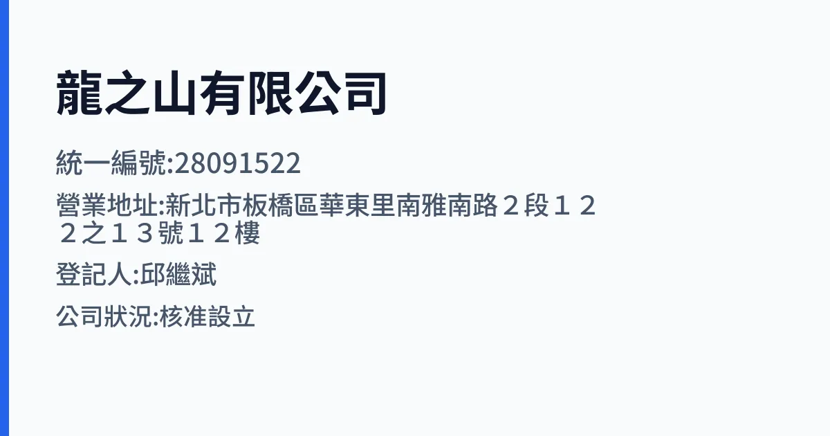 龍之山有限公司 - 統編 28091522(新北市) 公司登記資料與營業項目詳細圖表