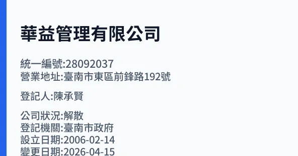 華益管理有限公司的照片-統編 28092037(臺南市) 公司登記資料與營業項目詳細圖表