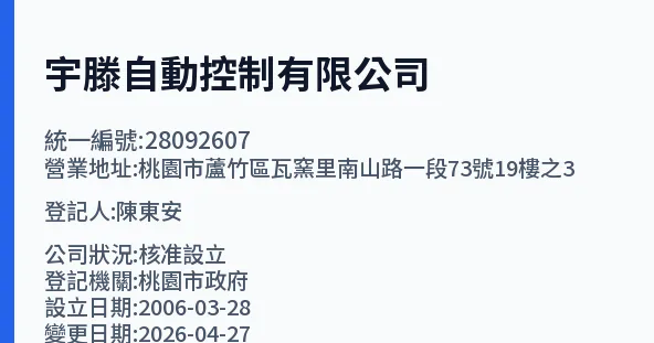 宇滕自動控制有限公司的照片-統編 28092607(桃園市) 公司登記資料與營業項目詳細圖表