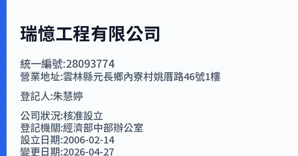 瑞憶工程有限公司的照片-統編 28093774(雲林縣) 公司登記資料與營業項目詳細圖表
