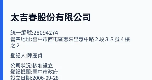 太吉春股份有限公司的照片-統編 28094274(臺中市) 公司登記資料與營業項目詳細圖表