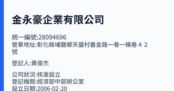金永豪企業有限公司的照片-統編 28094696(彰化縣) 公司登記資料與營業項目詳細圖表