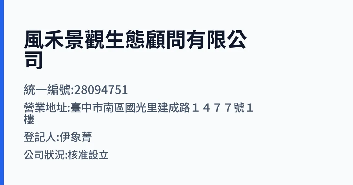 風禾景觀生態顧問有限公司 - 統編 28094751(臺中市) 公司登記資料與營業項目詳細圖表